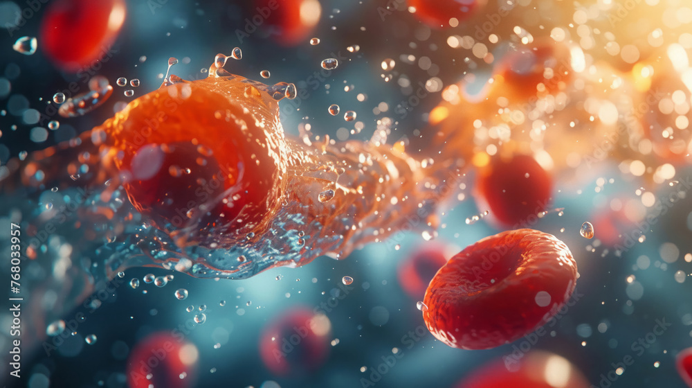 A red blood cell character swims through a vibrant plasma sea ...
