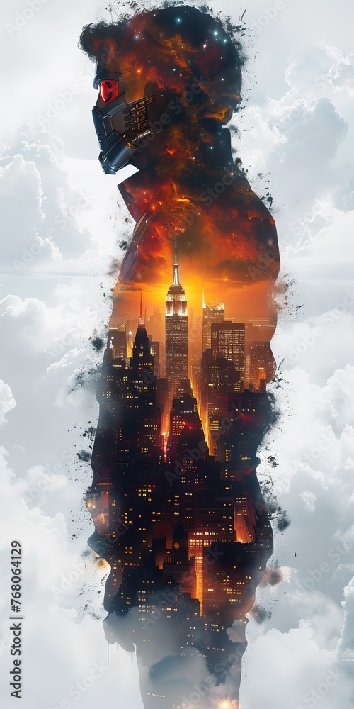 Double exposure profile of a person with urban skyline and astronaut ...