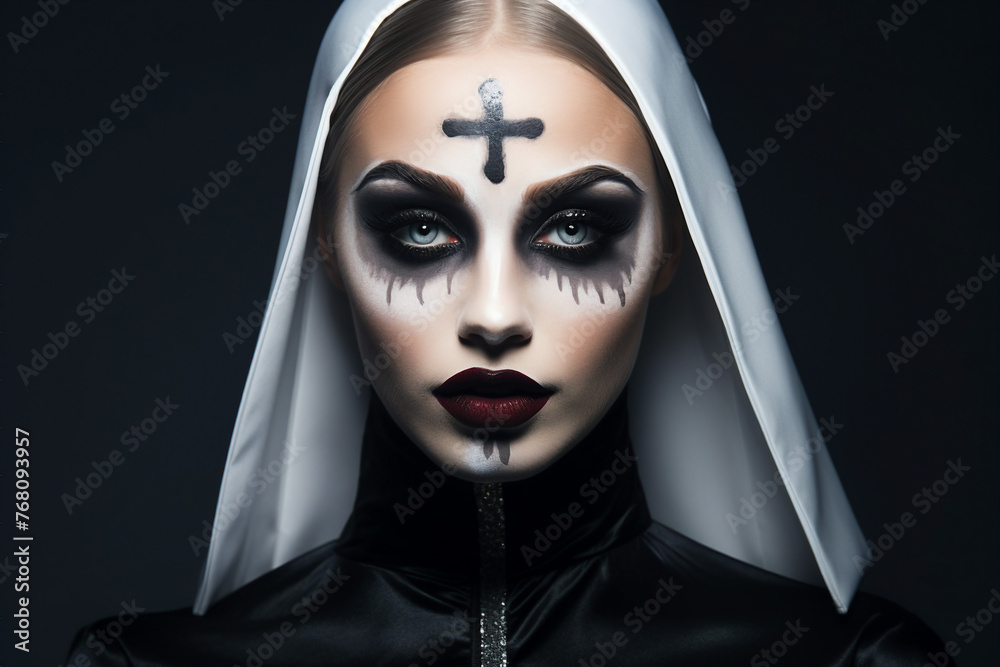 Mysterious religious person nun priest in church robe serious face ...