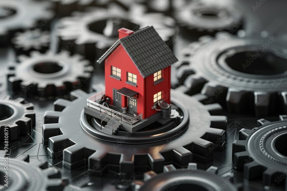 Model of a small red house with a black roof on interlocking gears ...