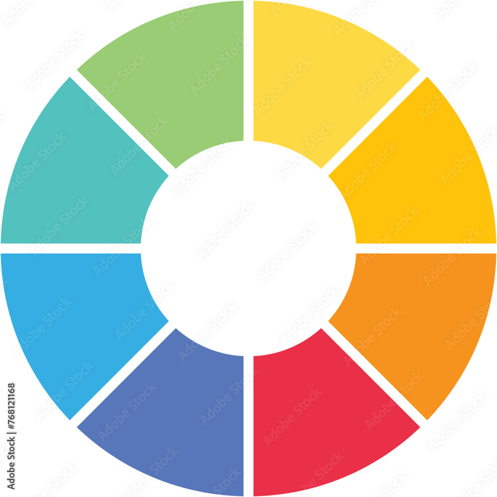 Separate doughnut graph pie charts icon with 8 colourful parts. Morden ...