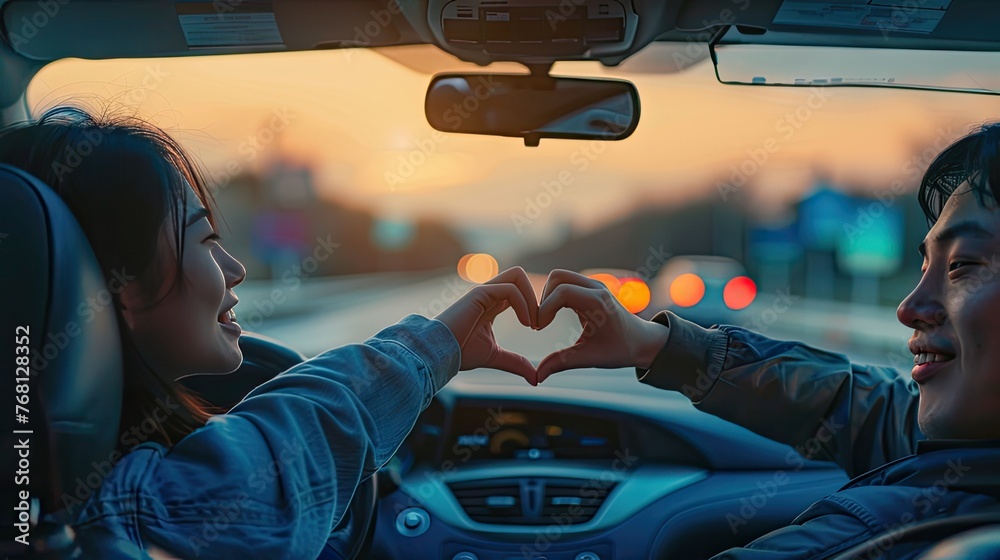 Car love: Couple in car makes heart hand gesture, expressing affection ...