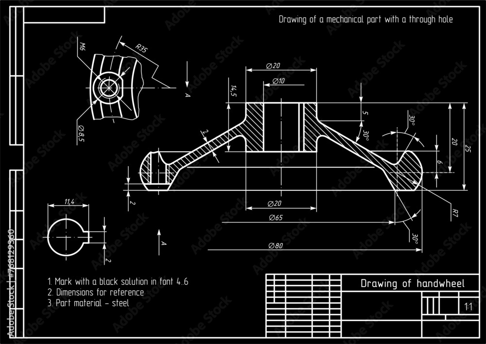 Vector drawing of steel cast mechanical part with through holes and ...