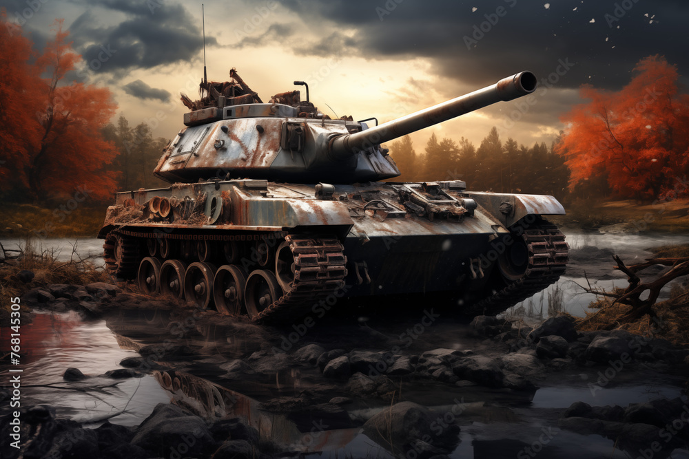 Tank on a battlefield. World War II. Third World War. War between ...