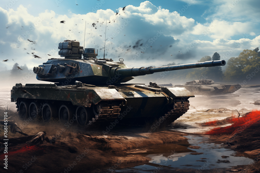 Tank on a battlefield. World War II. Third World War. War between ...