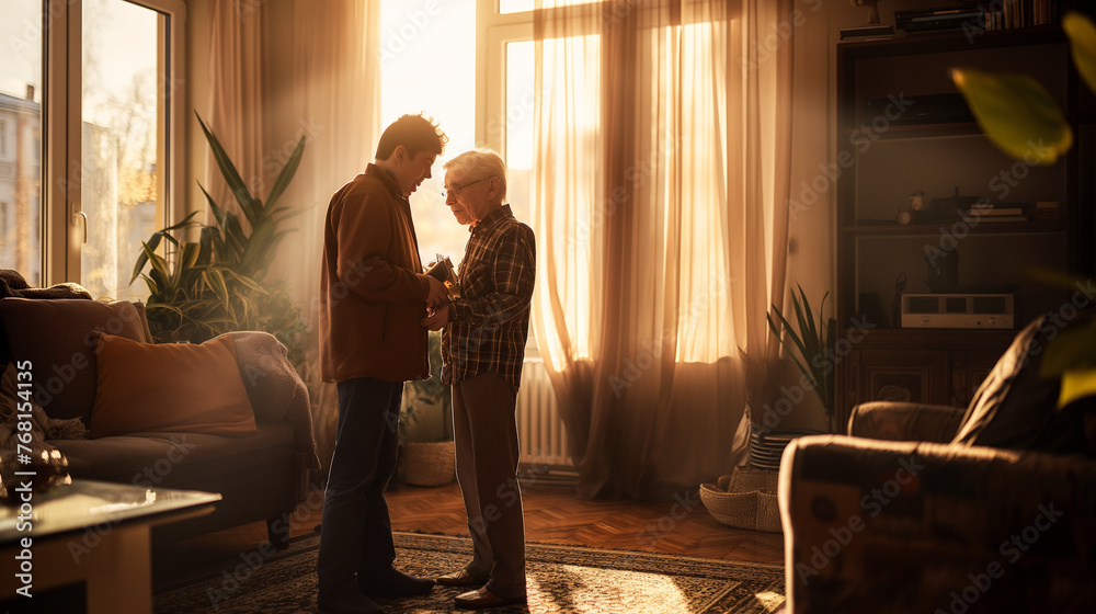 Familiar comfort of their cozy living room, a son presents a heartfelt ...