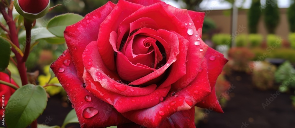 A vibrant red Double Delight Hybrid Tea Rose stands out with glistening ...