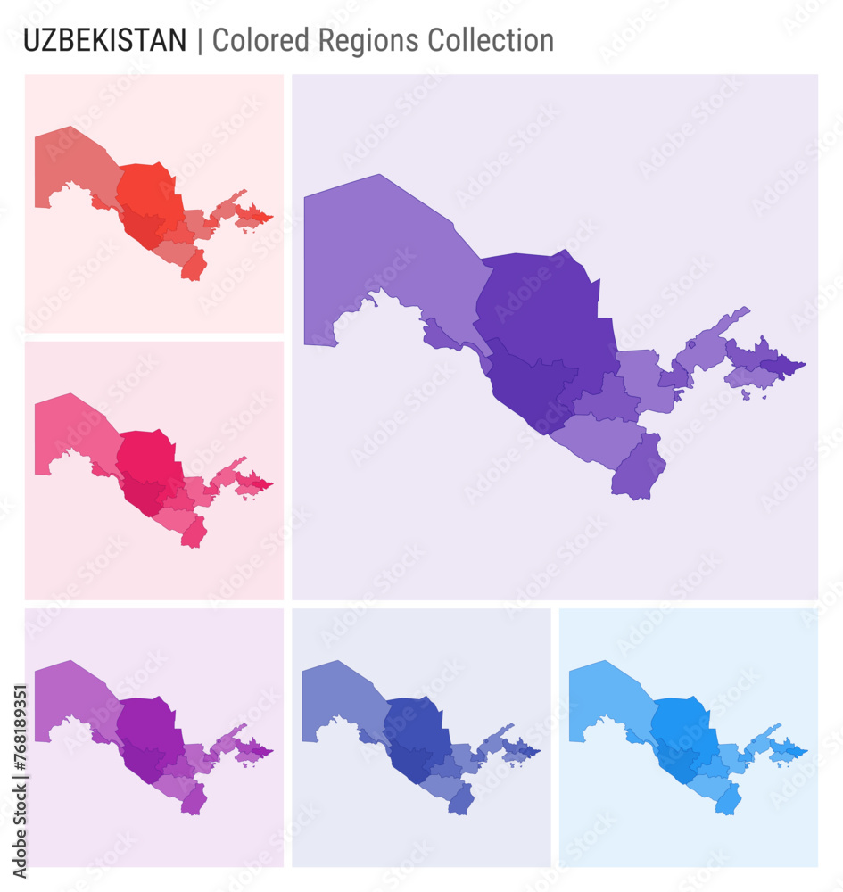 Uzbekistan map collection. Country shape with colored regions. Deep ...