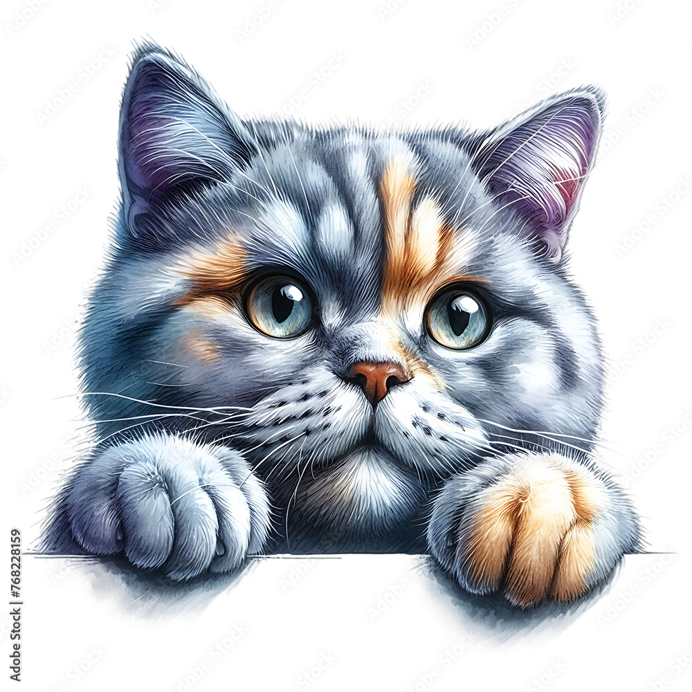 Chartreux Peeking Cat Portrait Art Watercolor Clipart PNG Ai Generated ...