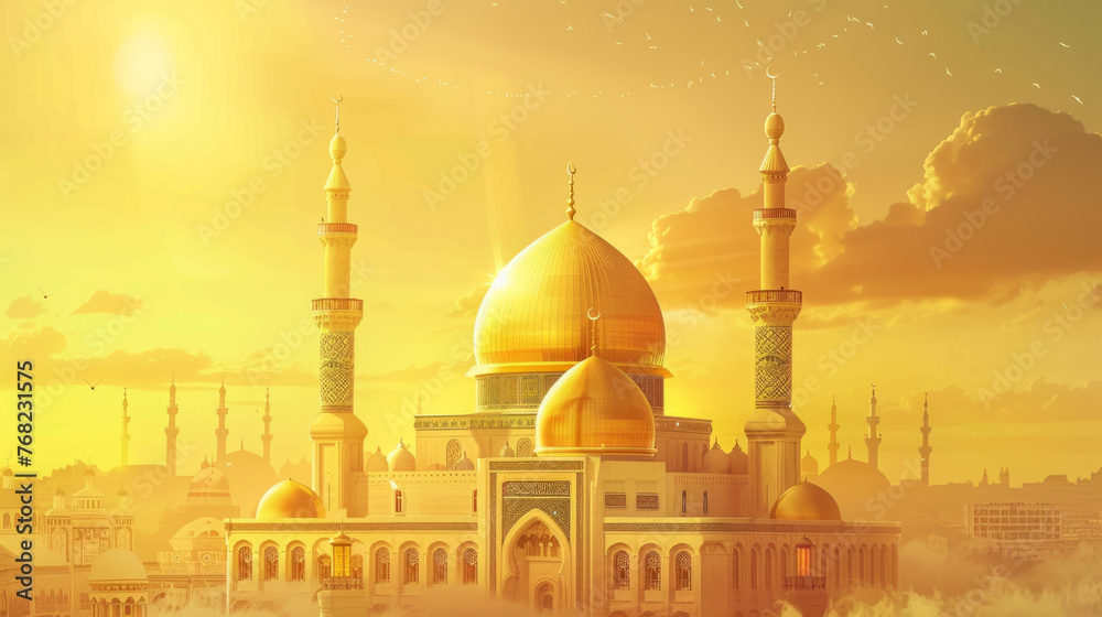 Arabic background. Golden Sunrise Over Mosque, Peaceful Islamic Temple ...