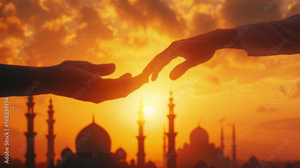 Silhouettes of hands reaching out to each other against a mosque and ...