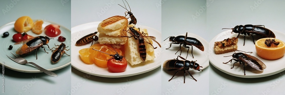 Insects, beetles and larvae as food on served plates. Concept Hunger ...