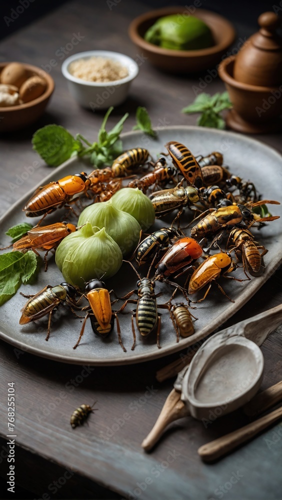 Insects, beetles and larvae as food on served plates. Concept Hunger ...