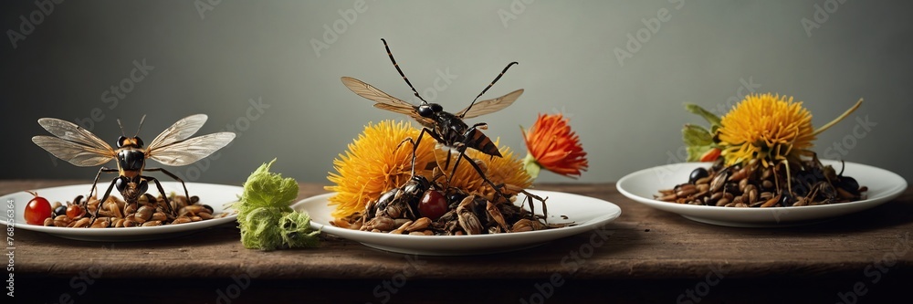 Insects, beetles and larvae as food on served plates. Concept Hunger ...