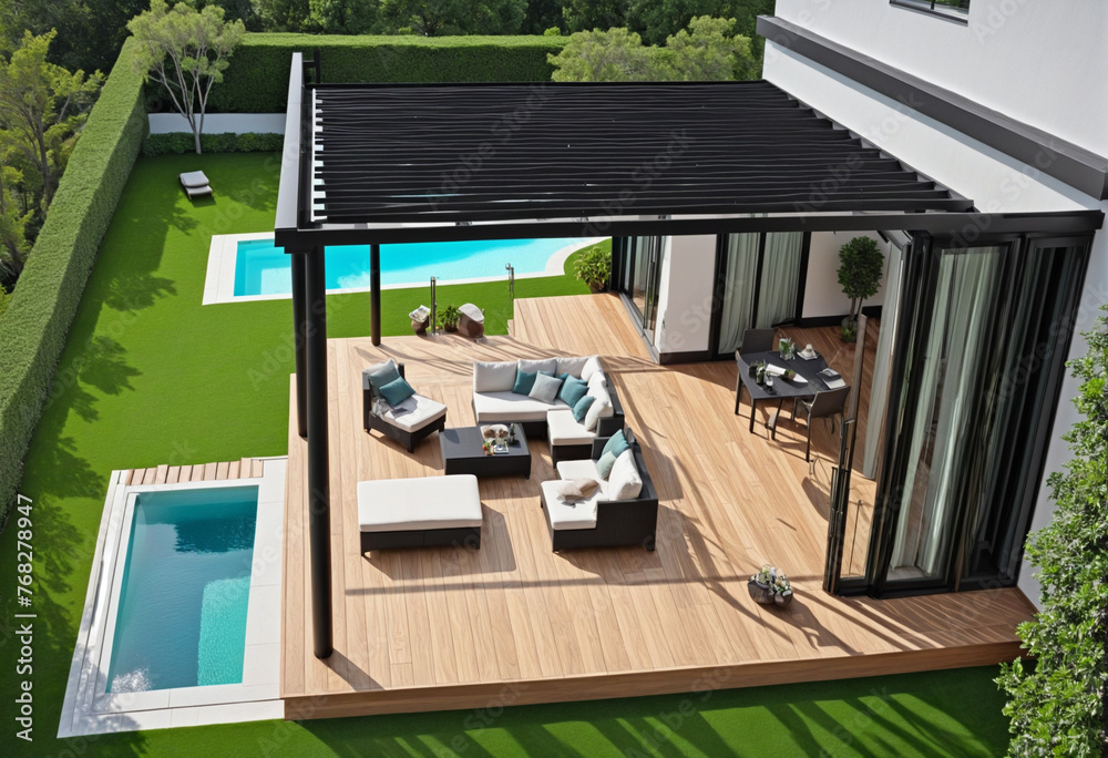 Modern black bio climatic pergola with top view on an outdoor patio ...