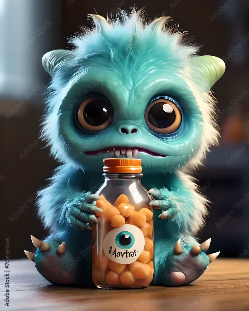 Funny monster with bottle of candies, for advertising and marketing of ...