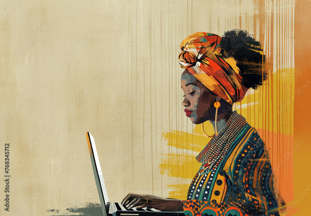 African woman with laptop sitting on lap in traditional style ...