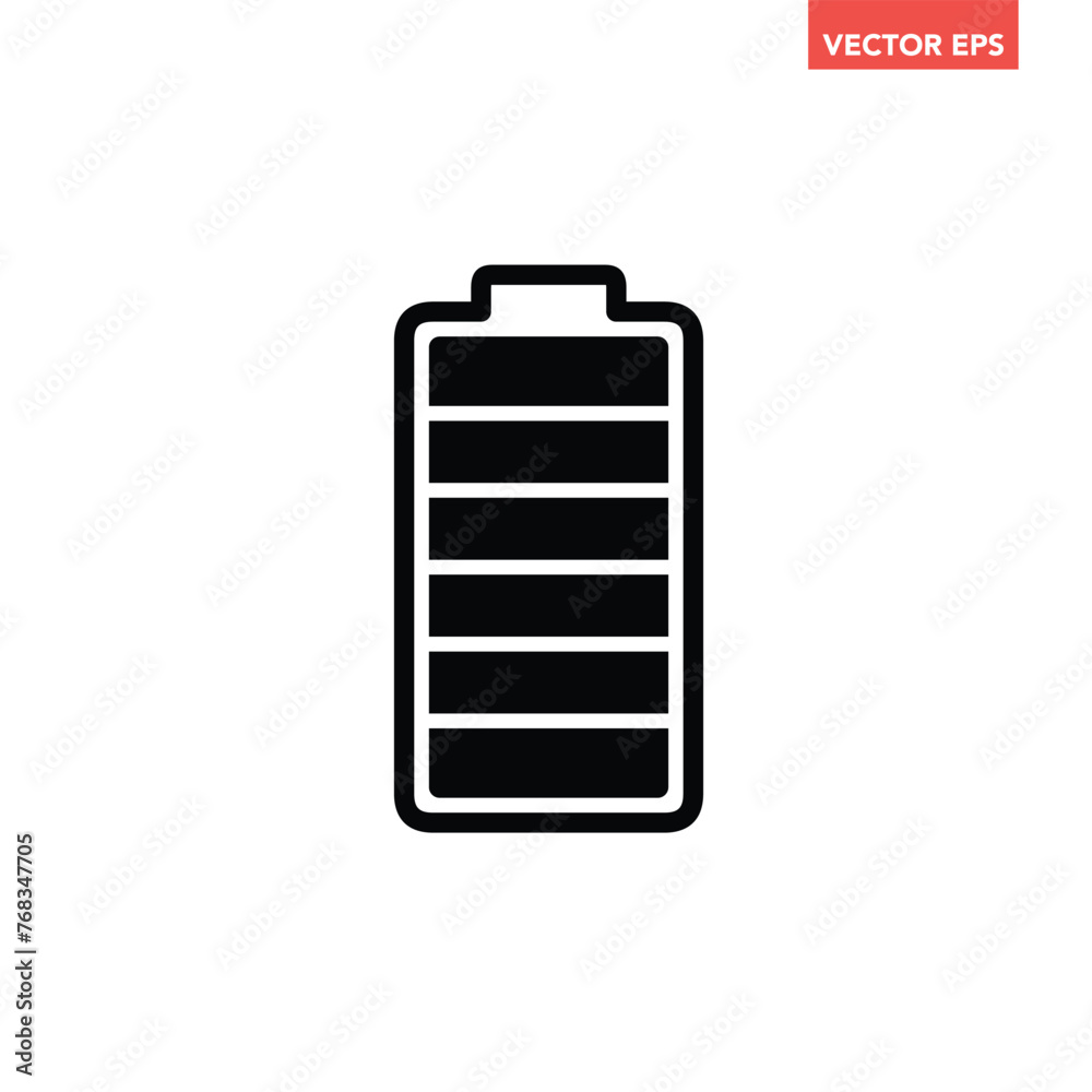 Black single full battery indicator icon, simple level full charge flat ...