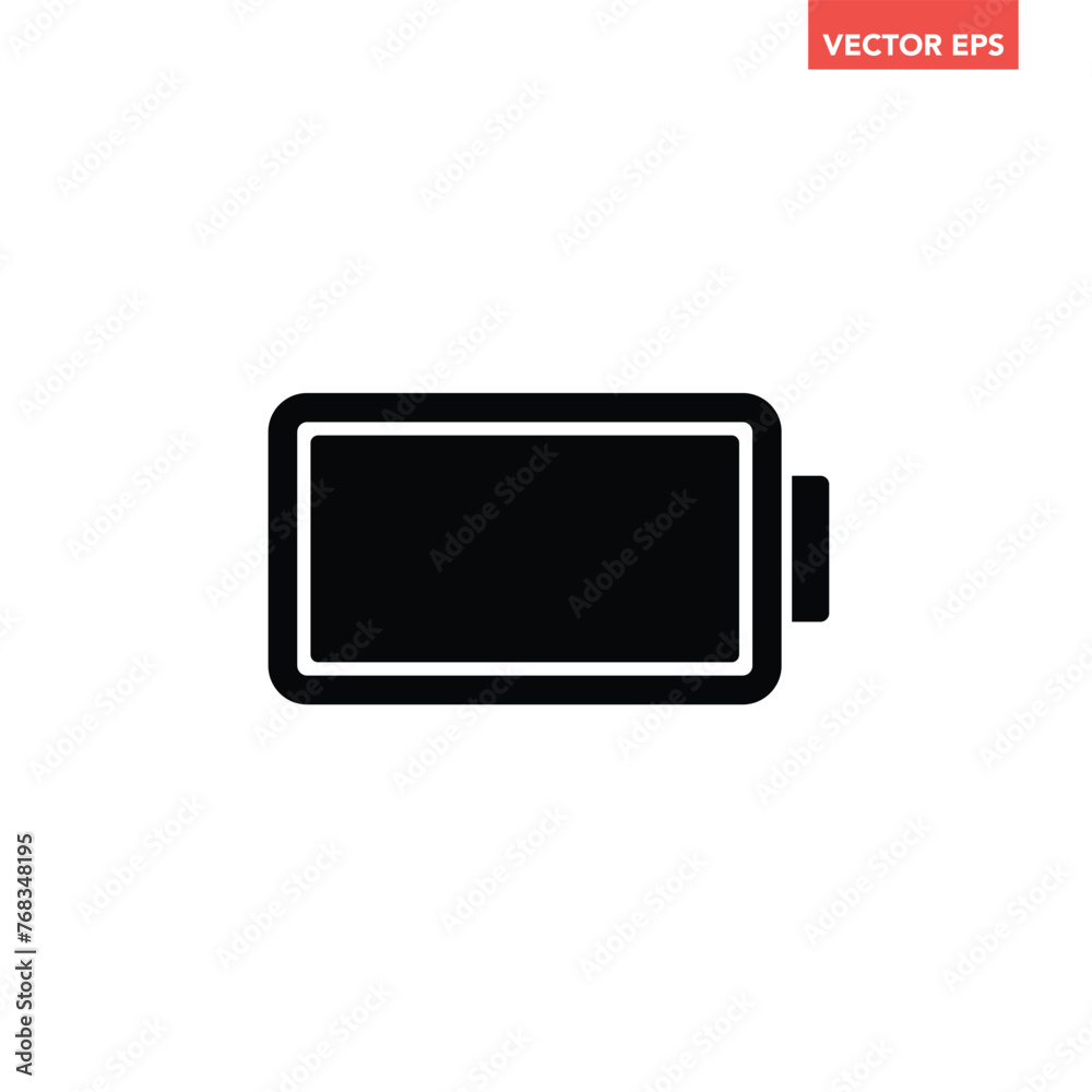 Black single full battery indicator icon, simple level full charge flat ...
