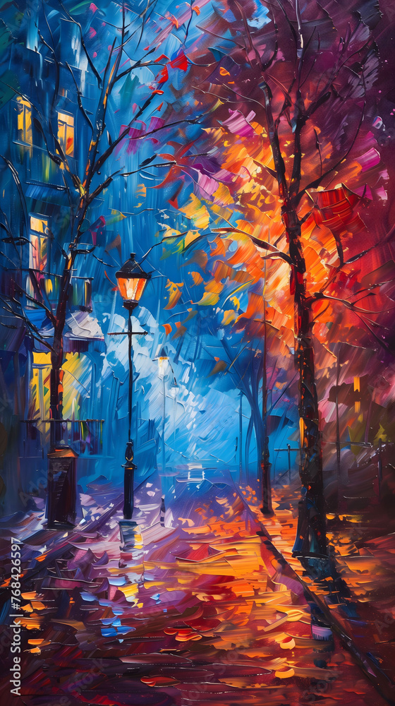 Classic Street Scene Colorful Oil Painting old style Drawing Technique ...