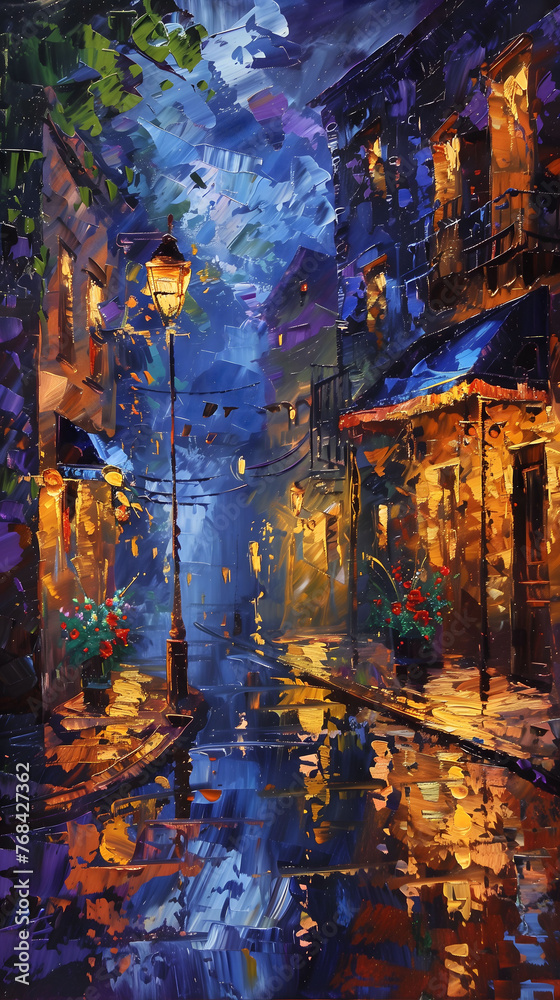 Classic Street Scene Colorful Oil Painting old style Drawing Technique ...