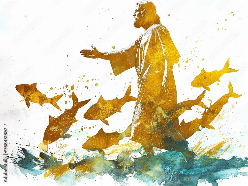 Miraculous catch of fish with Jesus set in a gold watercolor sea ...
