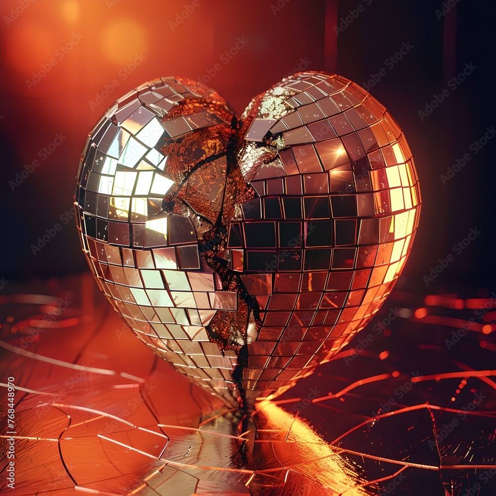 Shattered disco ball heart on a reflective surface with a dramatic red ...