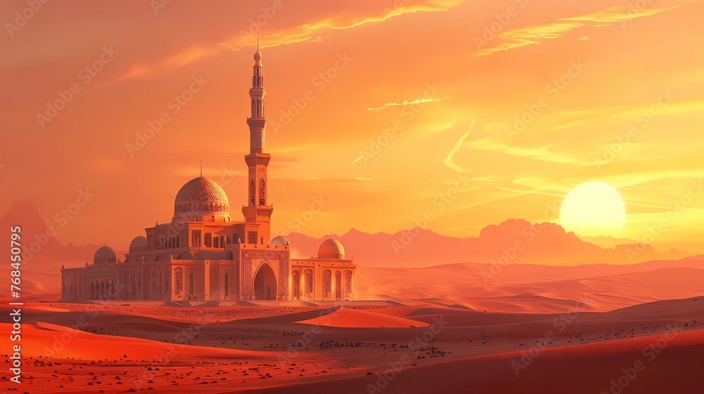 Cinematic Mosque On Sunset, Islamic Background Stock Illustration ...