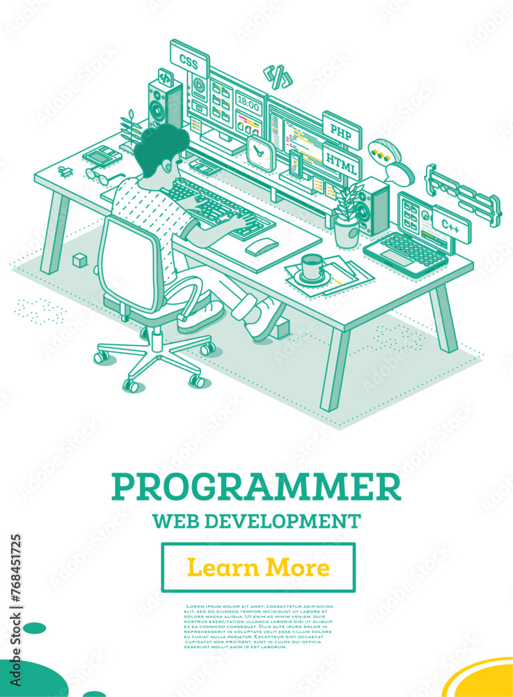 Programmer. Frontend or Backend Developer Sit on Chair with Wheels in Front of Two Monitors with ...