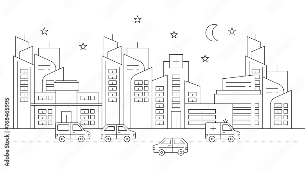 Black and white vector outline cityscape on white background, modern ...