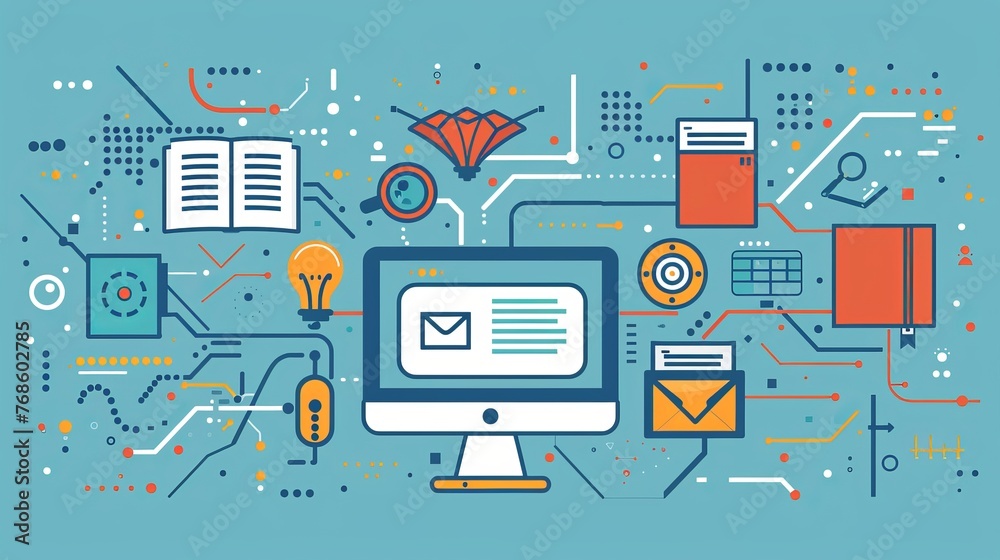 E-learning icons depict the thin line between education and technology ...