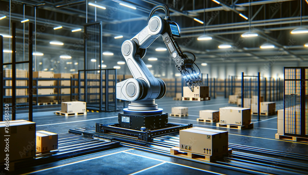 A modern robotic arm performing the painstaking work of stacking boxes ...