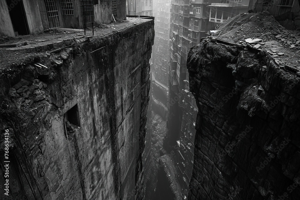Crevice in a cityscape, highlighting the contrast between natural and ...