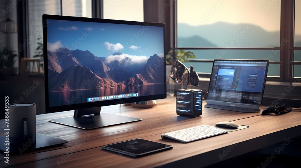 A high-end desktop computer with dual monitors, positioned on a tidy ...