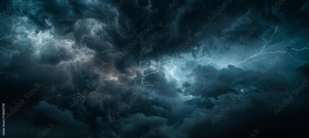 Dark clouds with lightning, thunderstorm and stormy weather background ...
