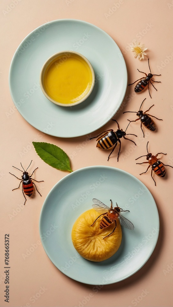 Insects, beetles and larvae as food on served plates. Concept Hunger ...