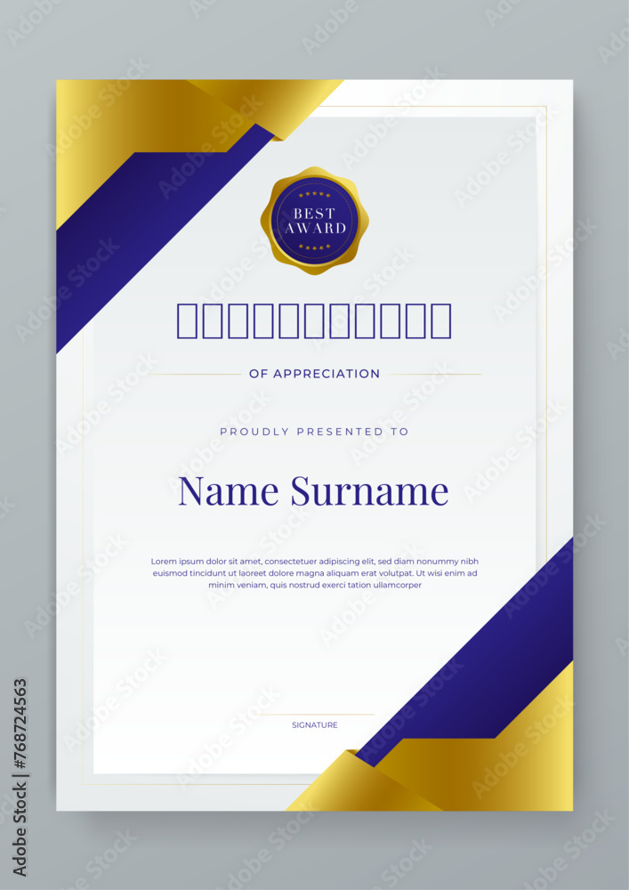 Blue gold and white modern certificate template with shapes. For ...