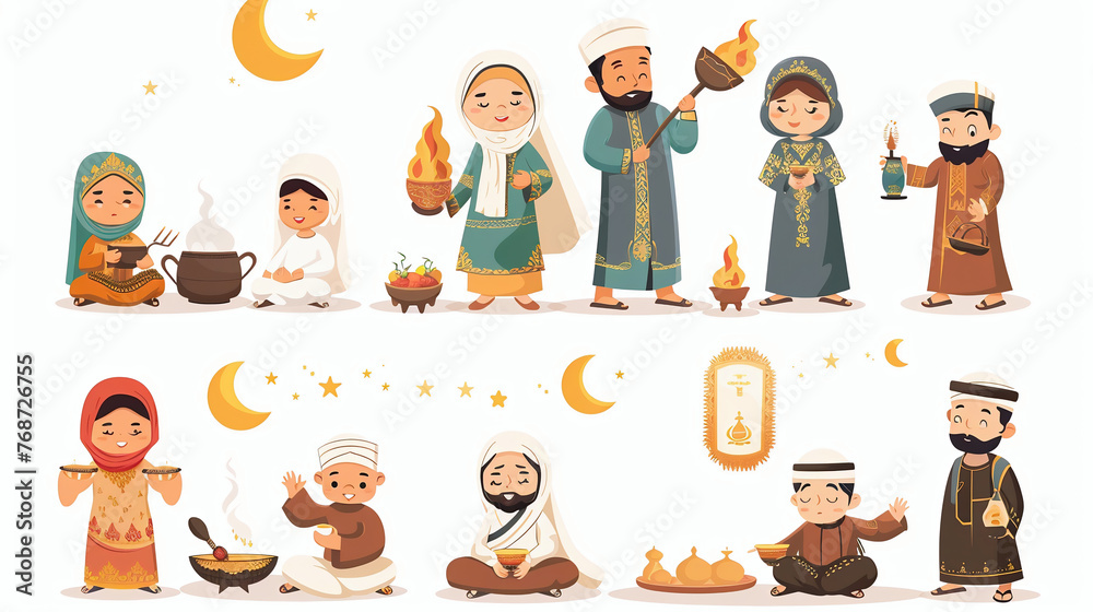 Ramadan clip art - set of Ramadan cartoon characters and design ...