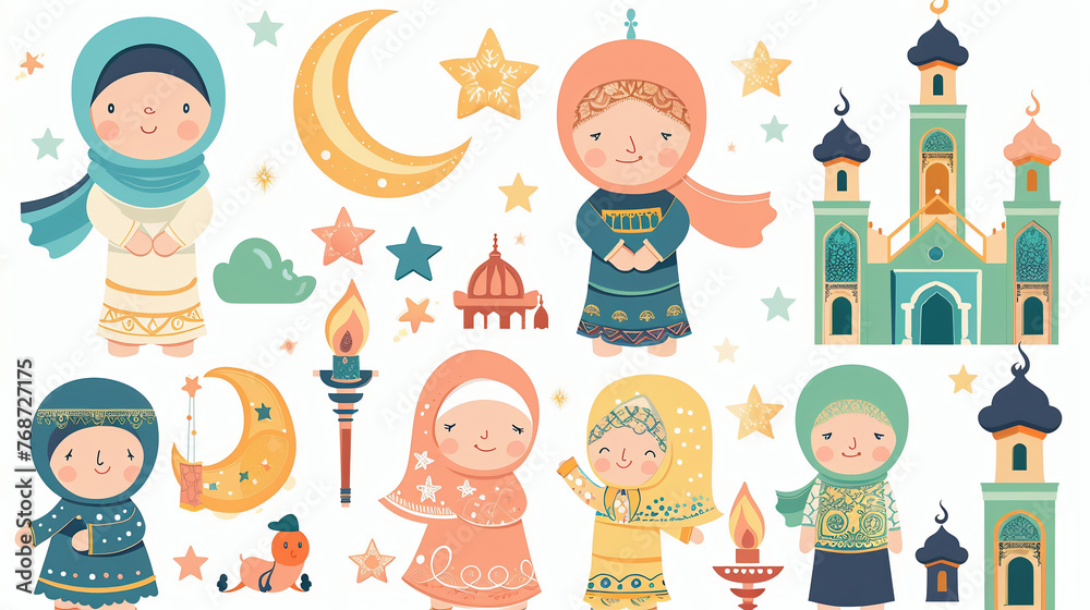 Ramadan clip art - set of Ramadan cartoon characters and design ...
