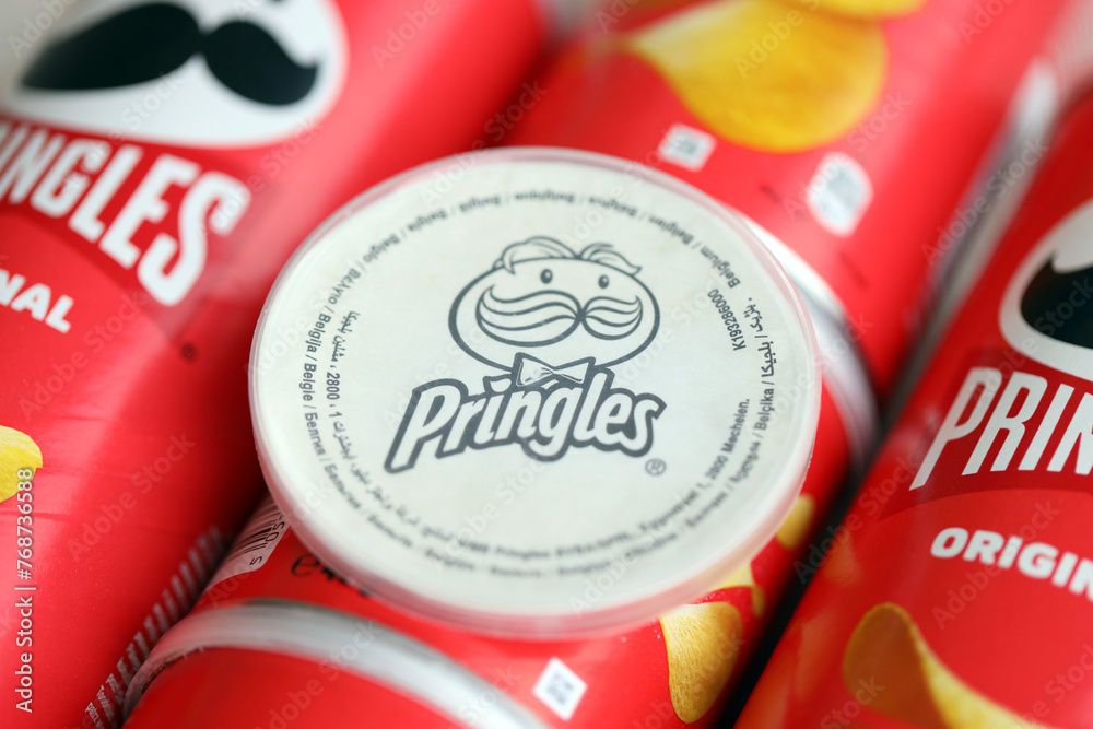 KYIV, UKRAINE - FEBRUARY 27, 2024 Pringles original potato chips on ...