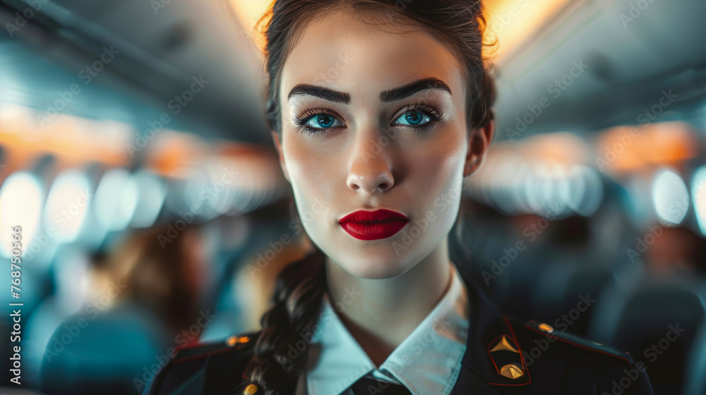 A pilot in uniform operating in the flight deck of an airplane with a ...