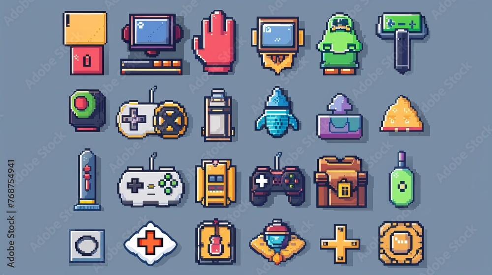 A collection of minimalist pixel art vector objects, meticulously isolated, featuring pixel game ...