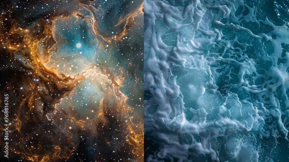 One side depicts an explosion of cosmic stars and galaxies, while the ...