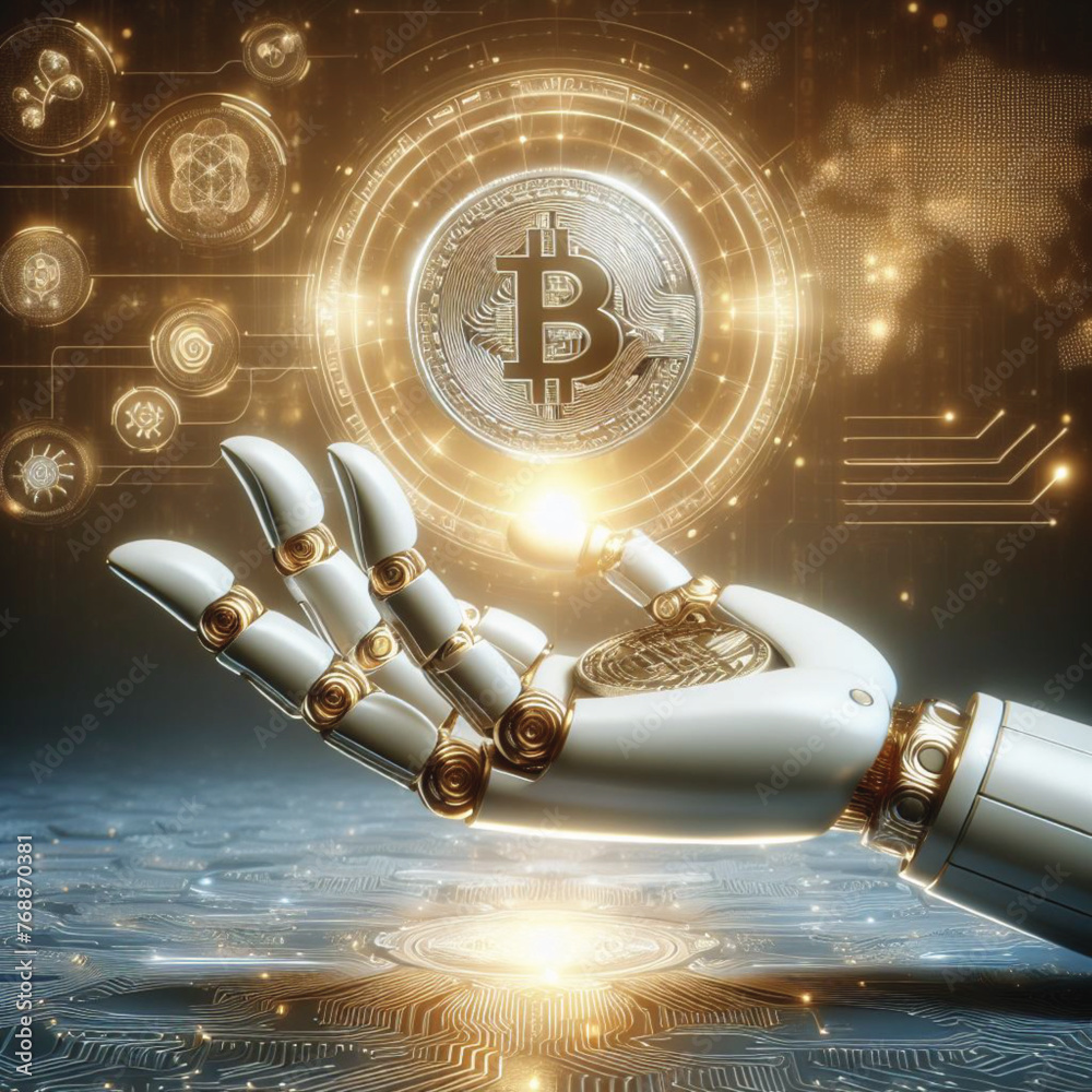 Metal robot hand holding Bitcoin coin, complex AI data and future world record About artificial ...