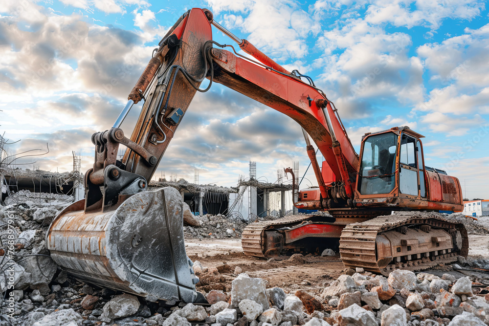 Lateral view of a big crawler excavator working on demolition ...