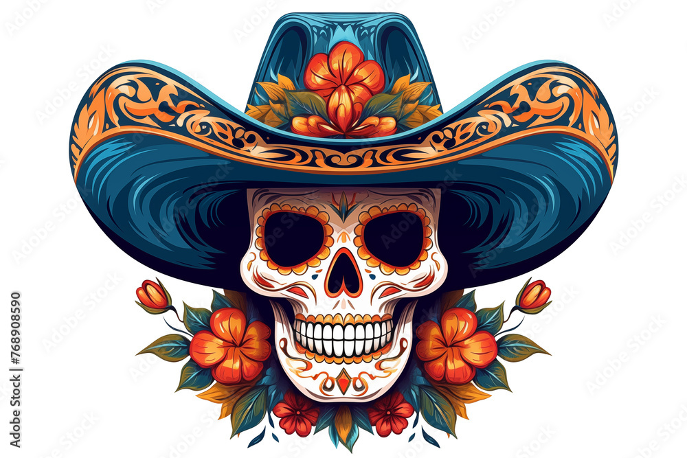 illustration of a Mexican skull wearing a sombrero hat isolate on clean ...