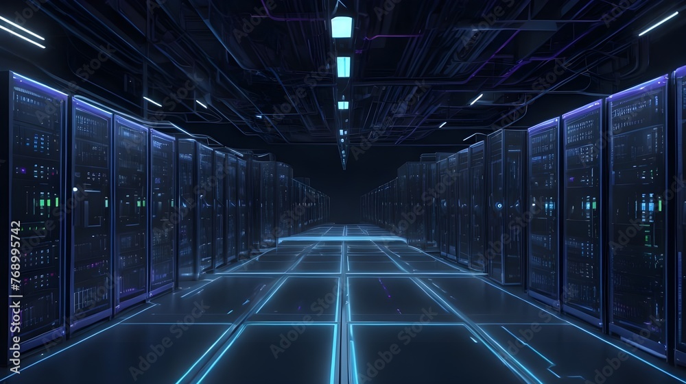 Ilustración de Stock blue tunnel with light,server rack in a data ...