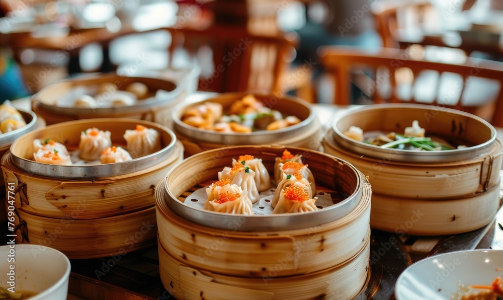 Multiple bamboo steamers with dim sum - An enticing array of various ... Multiple bamboo steamers with dim sum - An enticing array of various ...