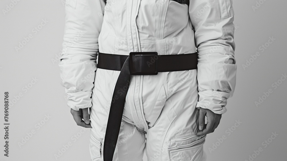 Minimalist astronaut suit with an exaggerated, oversized belt cinching ...