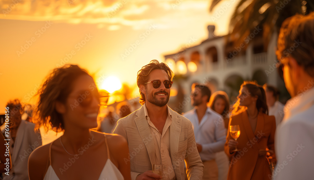 Sunset social at a luxury resort with guests enjoying. Elegant ...